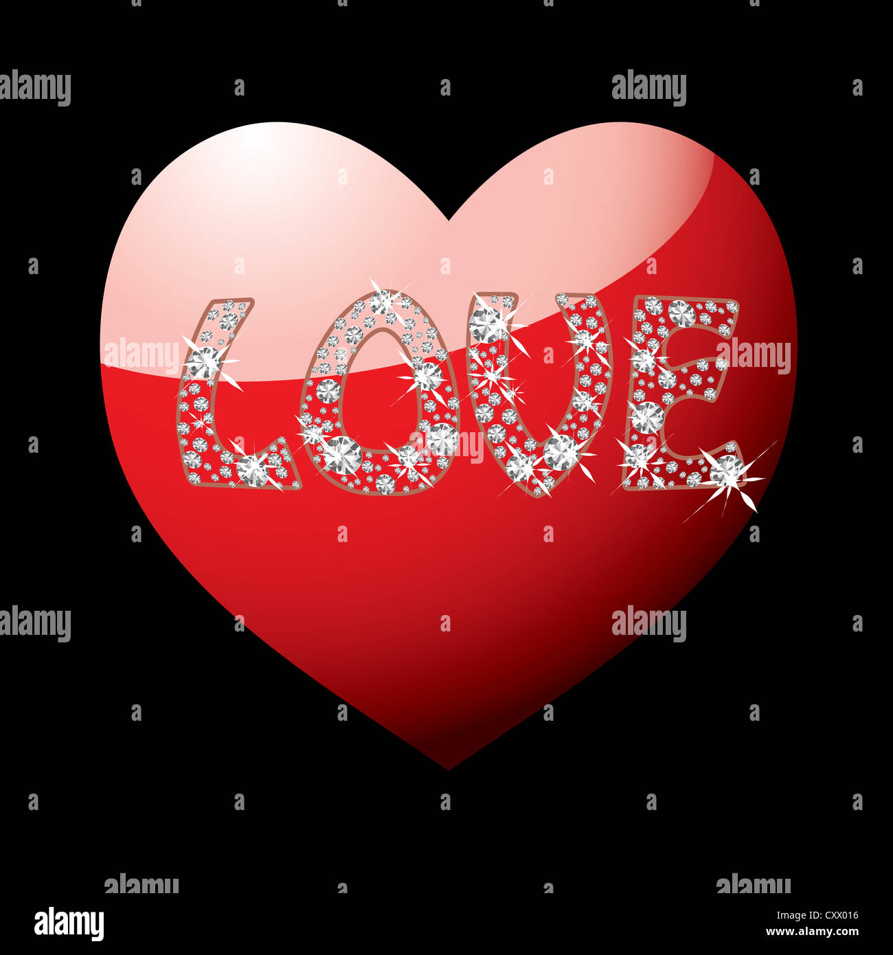 Red love heart with word spelt out in diamonds on black background ...