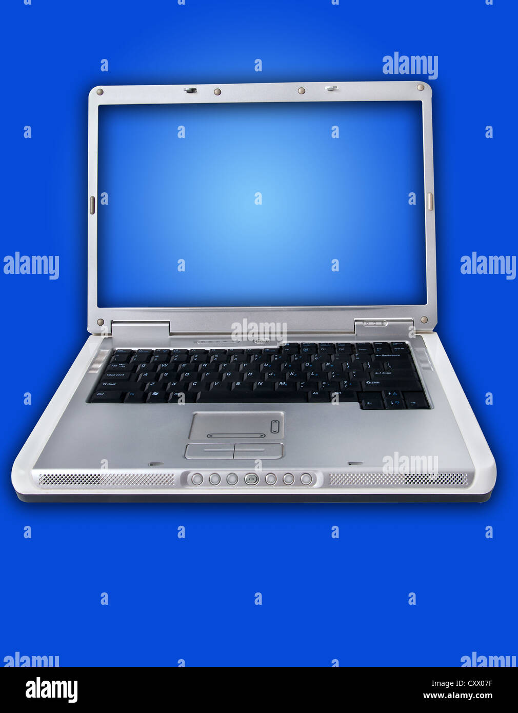 Blank screen laptop computer on blue Stock Photo - Alamy