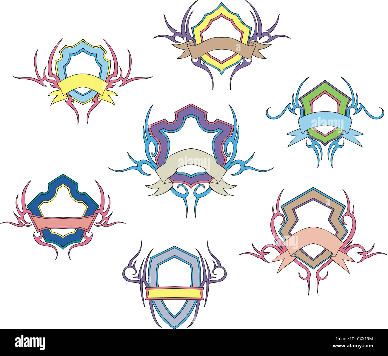 Stylized shields with motto ribbons. Templates. Set of vector ...