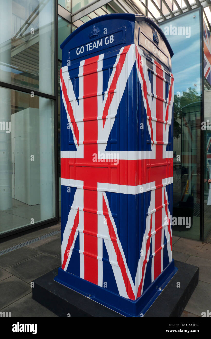 A Go Team GB Union Jack phone box outside the British Telecom Office St ...