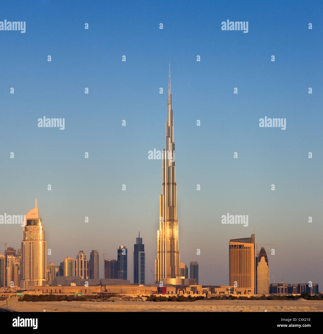 A skyline view of Downtown Dubai, showing the Burj Khalifa, image taken ...
