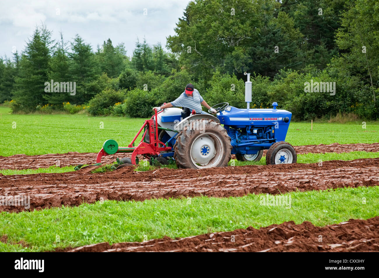 A competitor on an antique tractor plowing in the Provincial Plowing ...