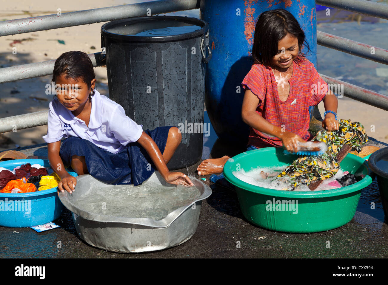 Little Sea Gypsy Children doing the Laundry at Rawai Beach in Phuket ...