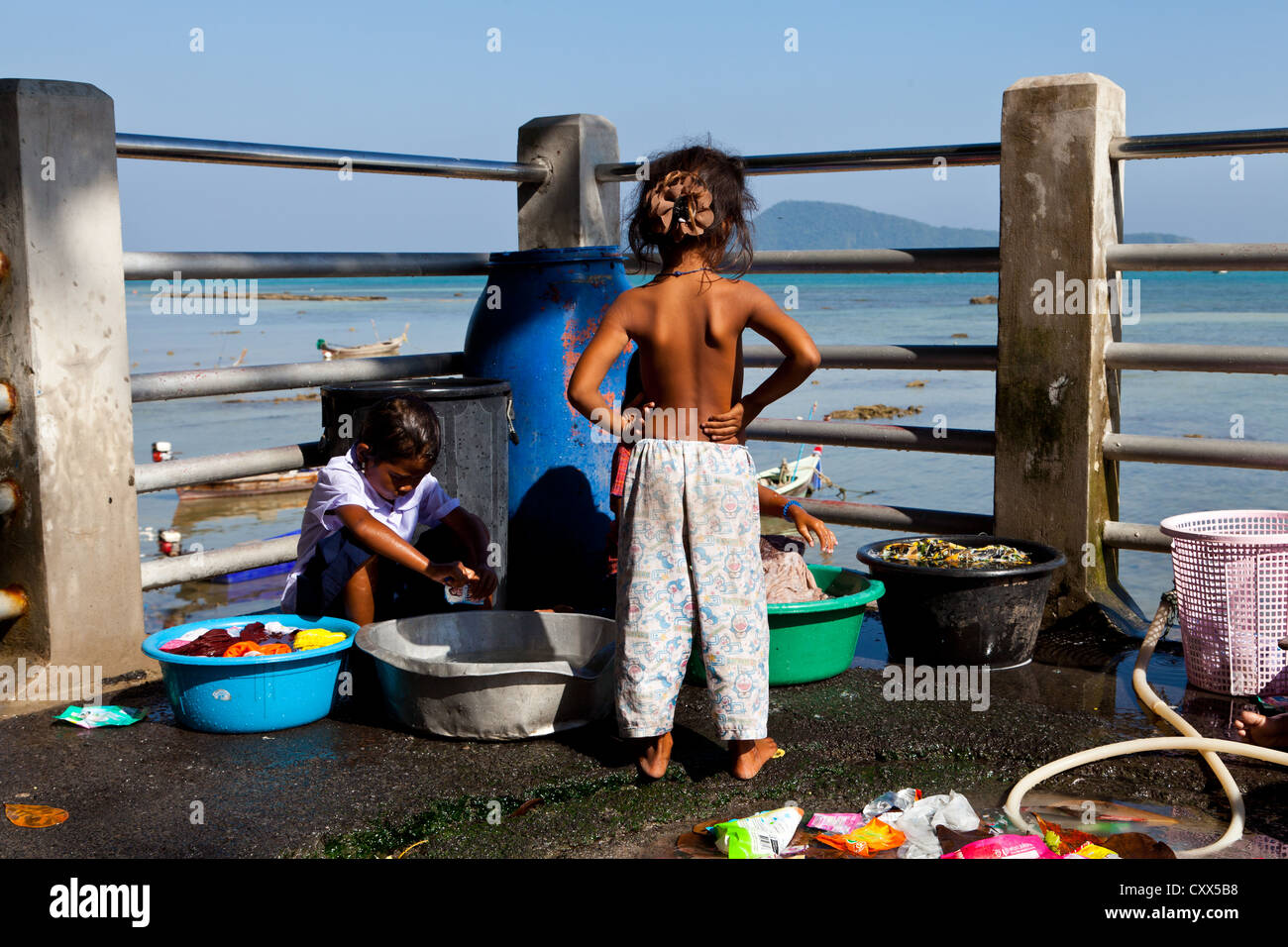 Little Sea Gypsy Children doing the Laundry at Rawai Beach in Phuket ...