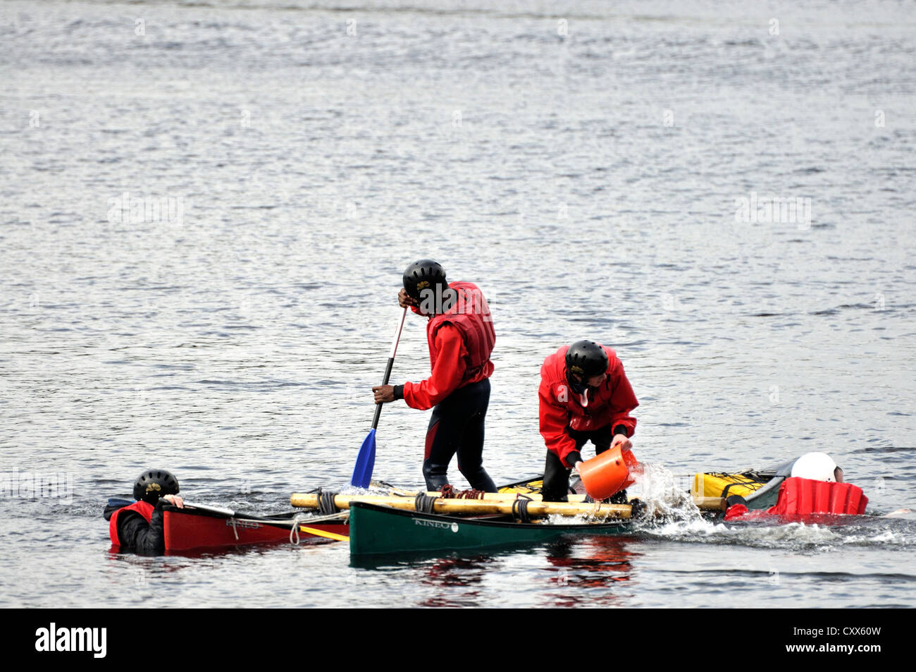 Debdale Park Lower Reservoir, Gorton Manchester. Lashed together canoes ...