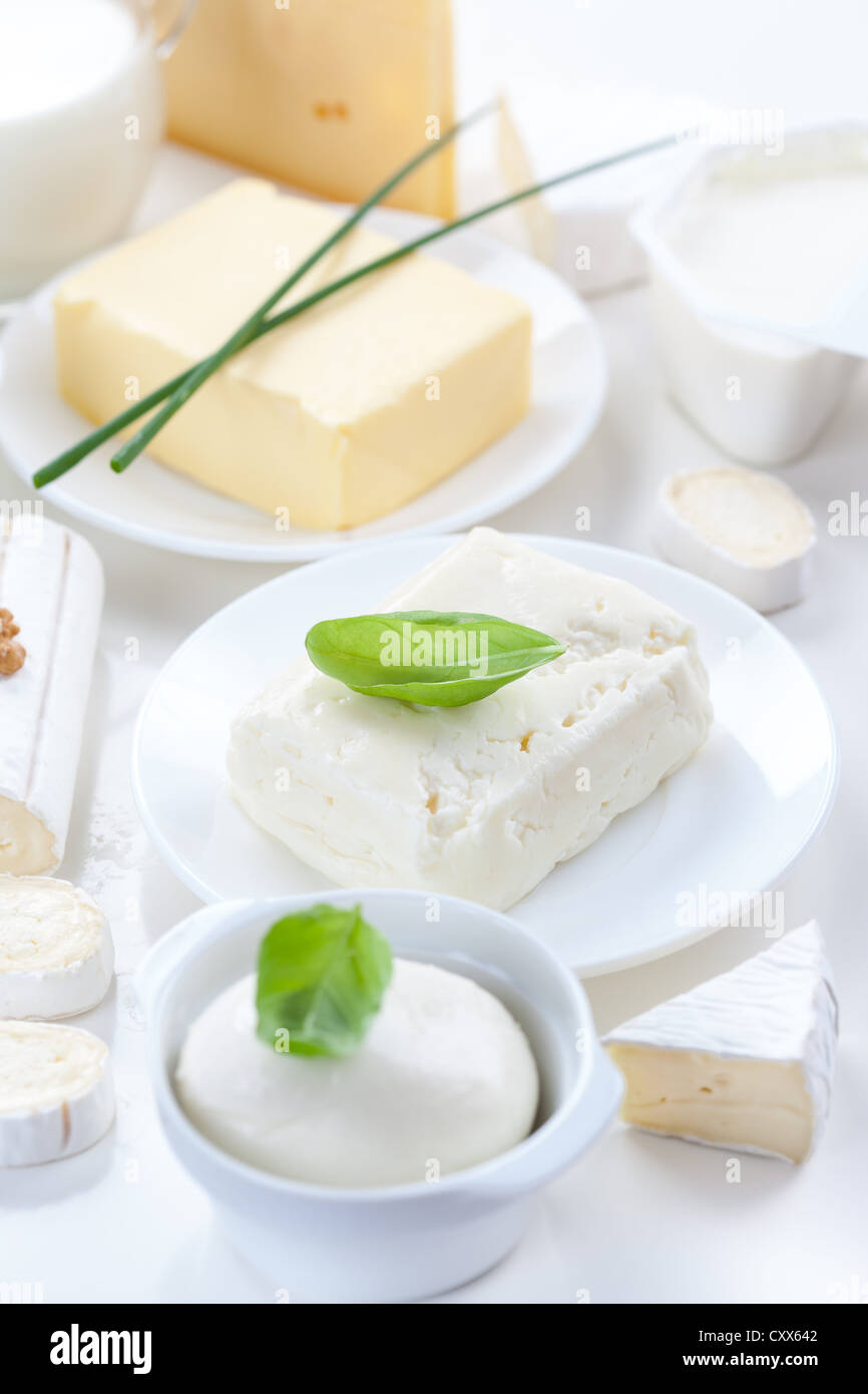 Assortment of dairy products on white background Stock Photo - Alamy
