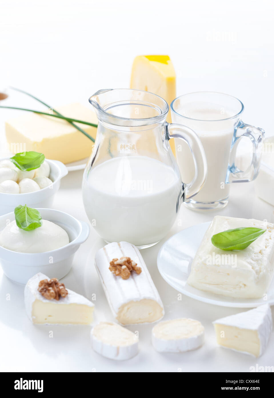 Assortment of dairy products on white background Stock Photo - Alamy