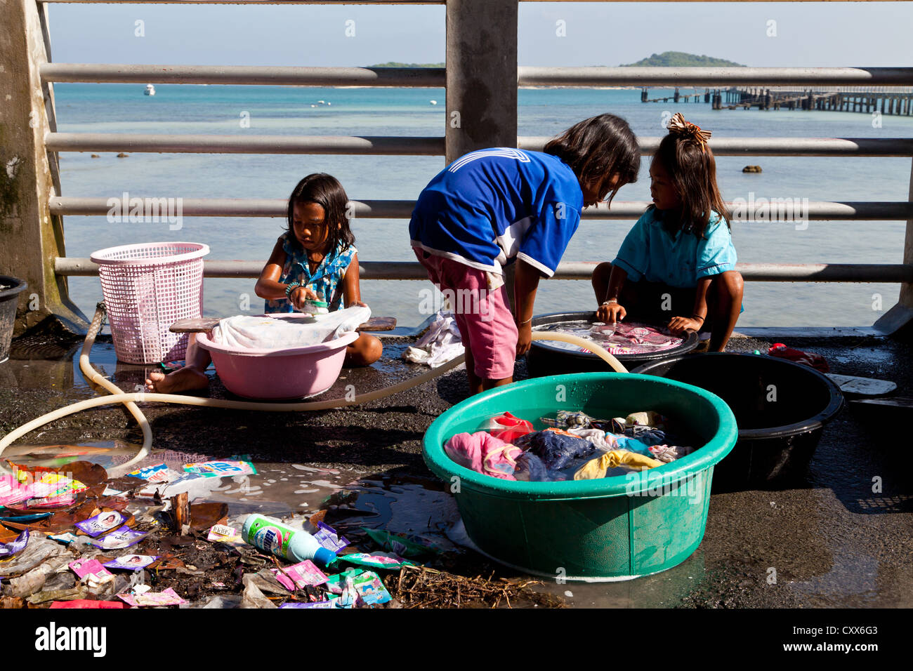 Little Sea Gypsy Children doing the Laundry at Rawai Beach in Phuket ...
