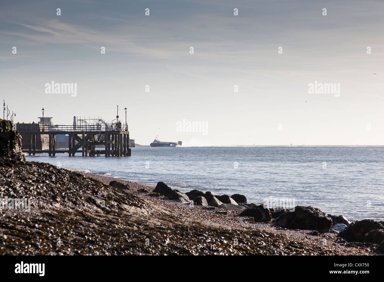 Hovercraft approaching the hovercraft terminal at Southsea with the ...