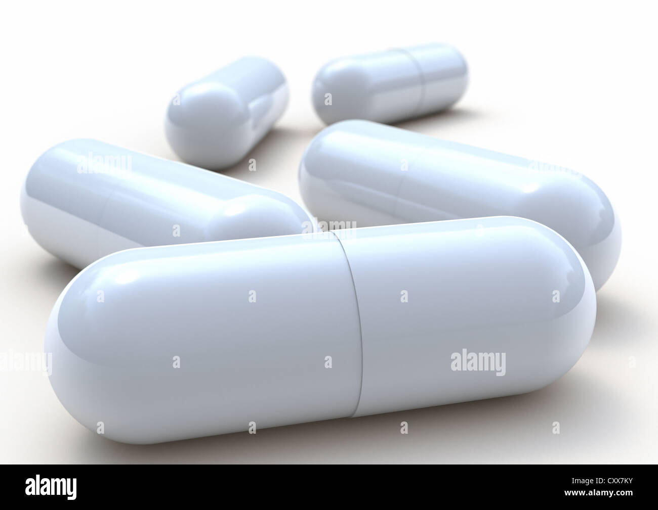 3D render of white plastic capsule pills on a white background Stock ...