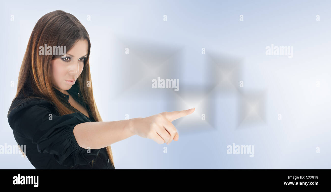 Business woman click button on touchscreen interface Stock Photo - Alamy