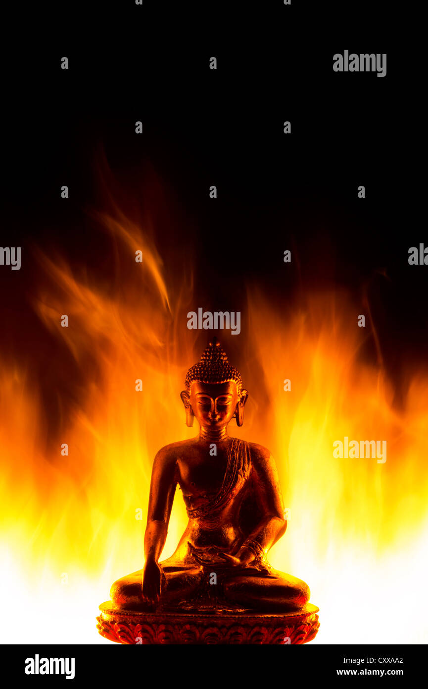 Buddha statue in front of fire against a dark background Stock Photo ...