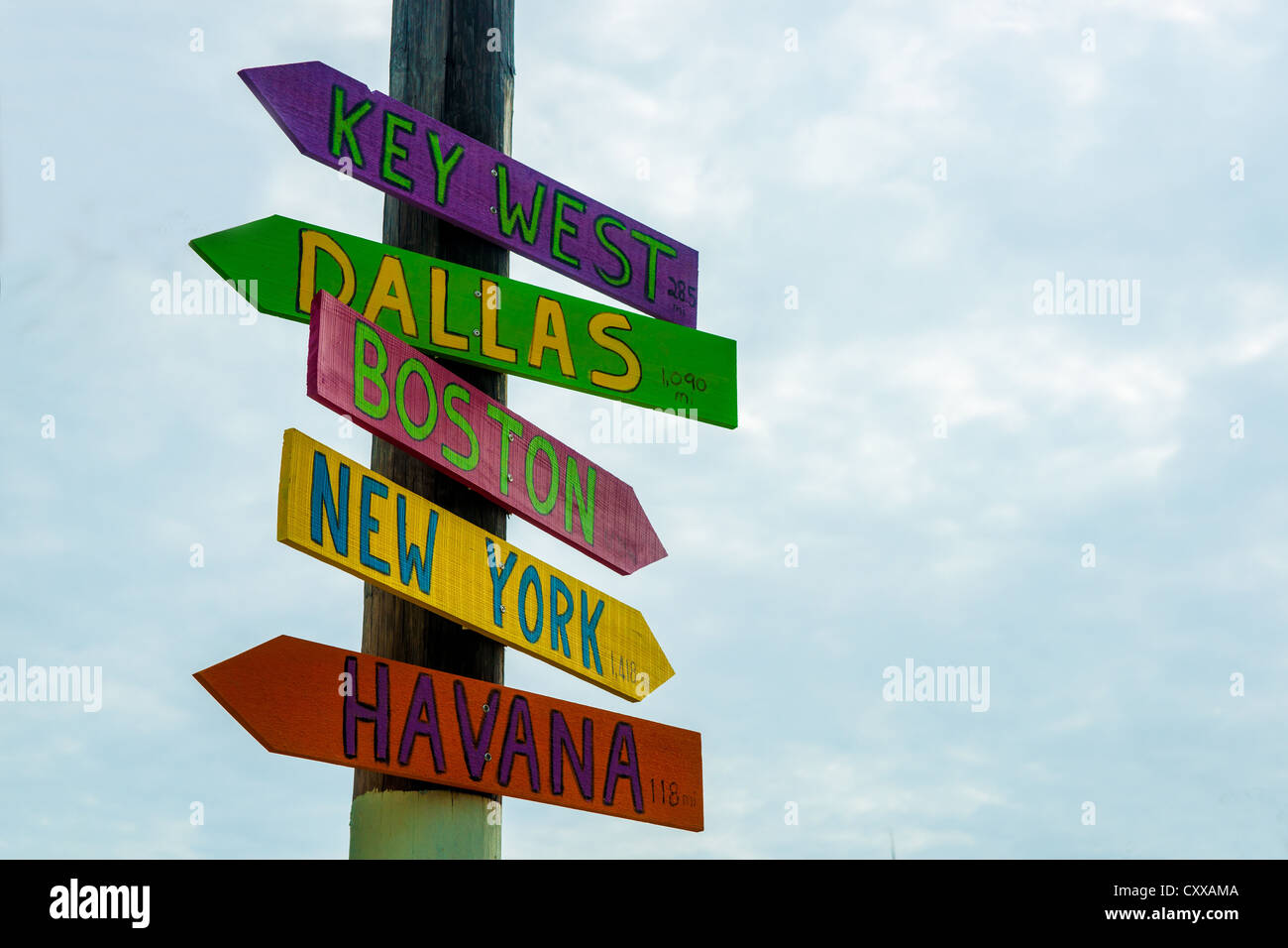 Sign, rustic, colorful direction sign pointing to well known cities ...