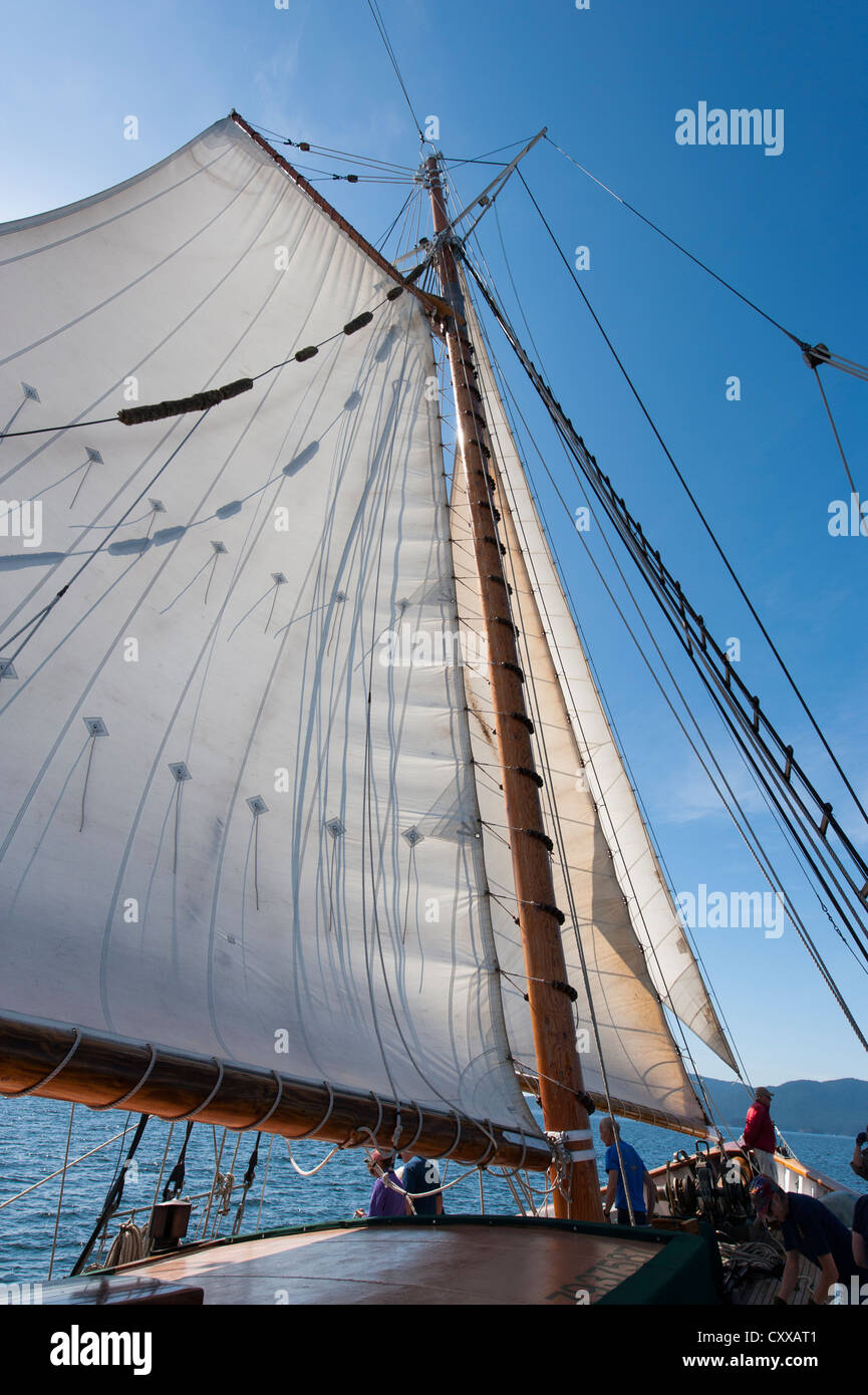 Aboard the historic tall ship schooner "Zodiac" sailing through the San ...