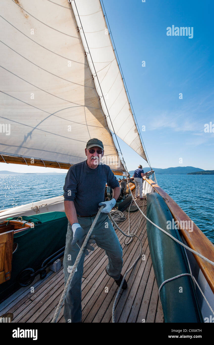 Aboard the historic tall ship schooner "Zodiac" sailing through the San ...