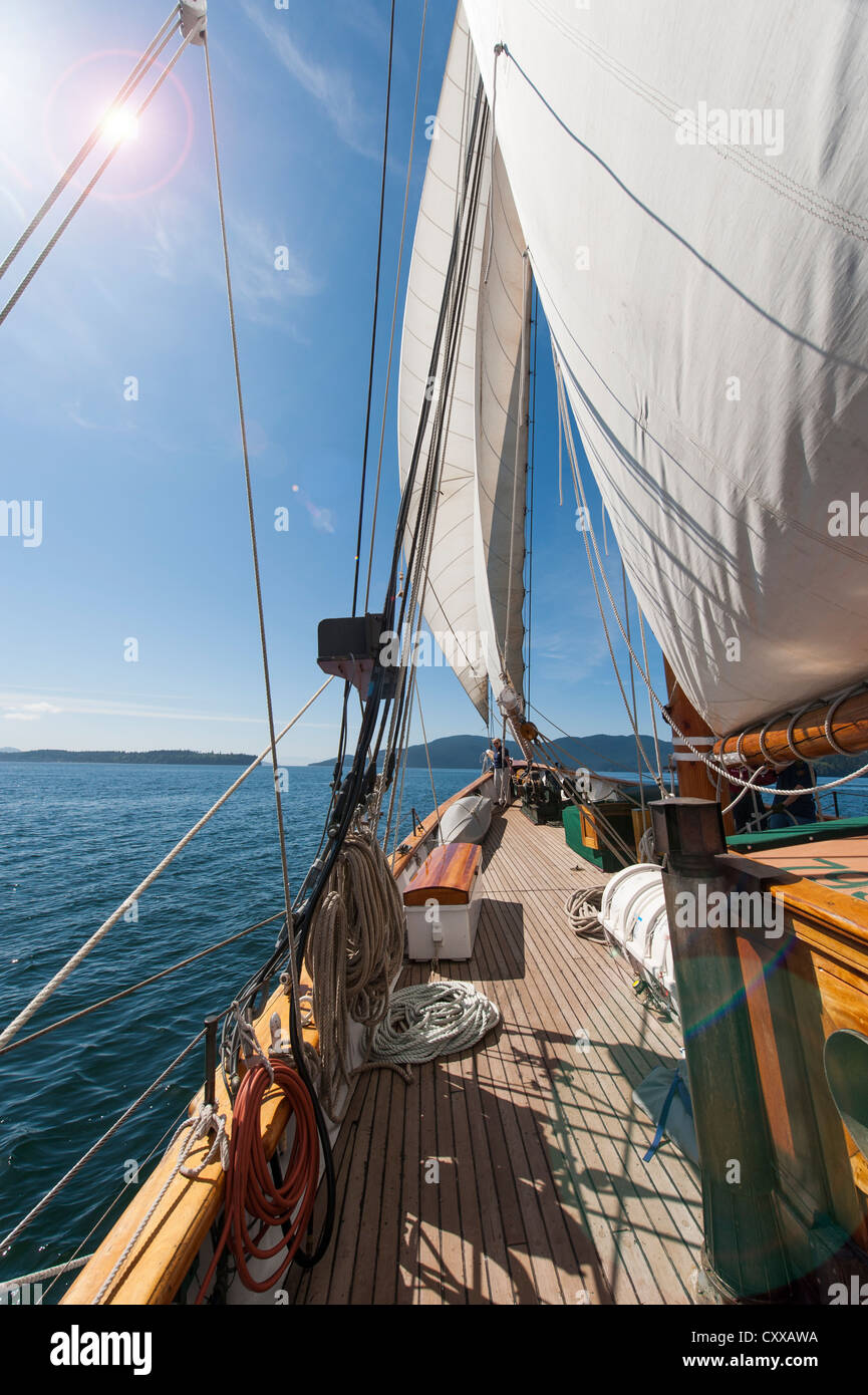 Aboard the historic tall ship schooner "Zodiac" sailing through the San ...