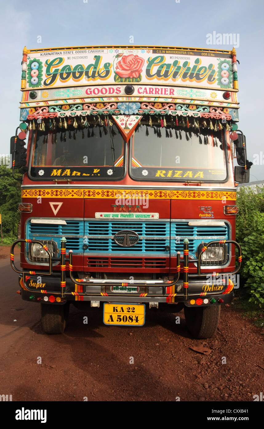 Decorated Indian Tata truck on a dirt road in Maharashtra, India Stock ...