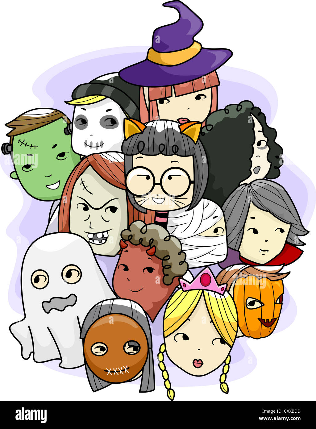 Halloween Illustration Featuring Different Faces Wearing Masks Stock ...