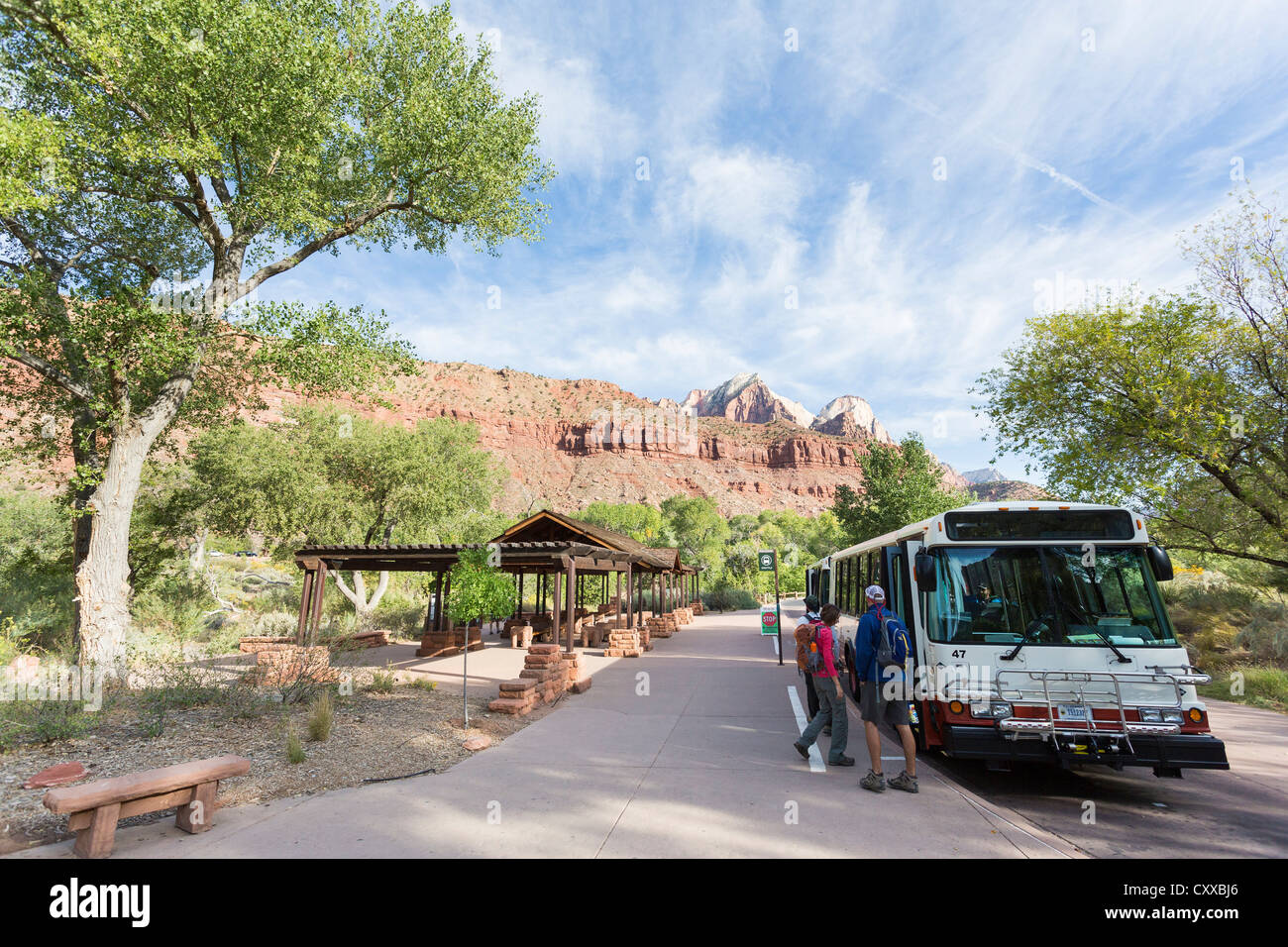 People getting on a free shuttle in th Zion National Park Stock Photo ...