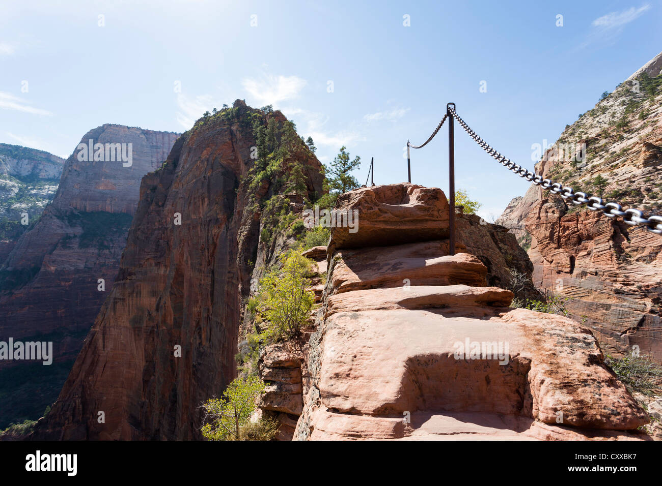 Narrow trail / steps with safety heavy duty chain for protection along ...