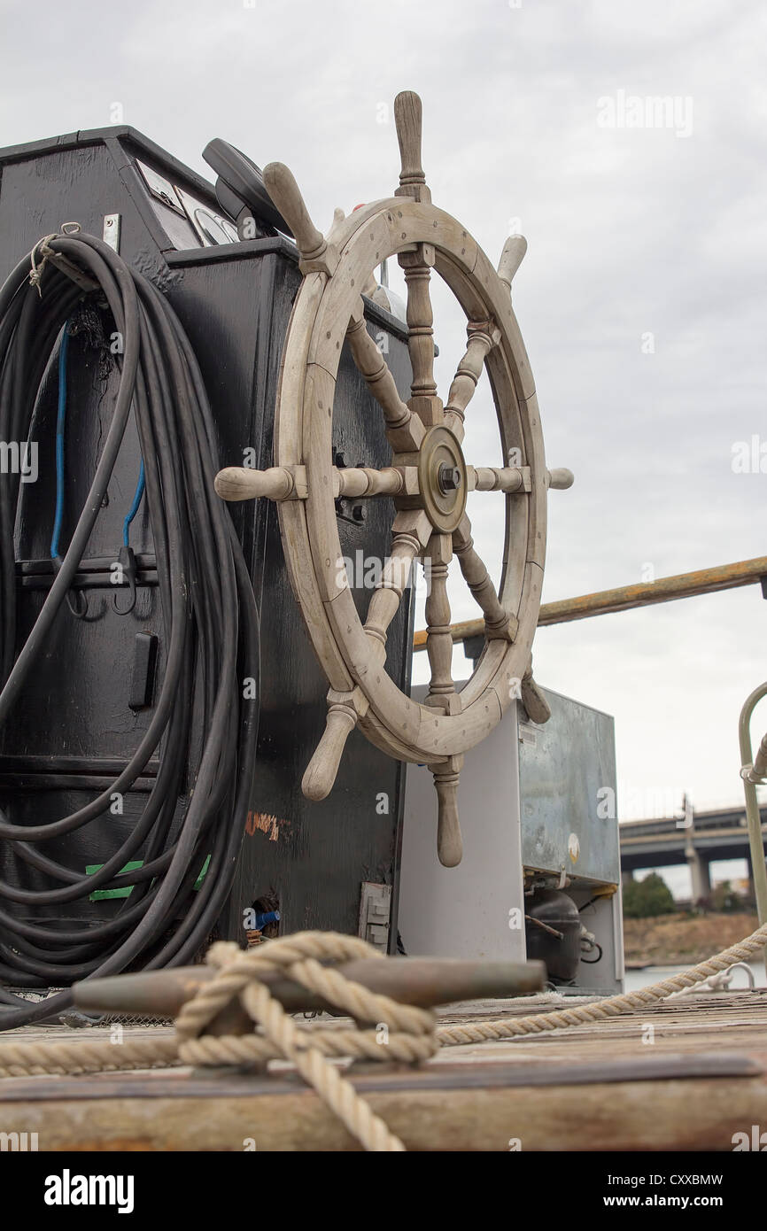 Antique Wooden Ship Steering Wheel on a Docked Old Historic Ship Stock ...