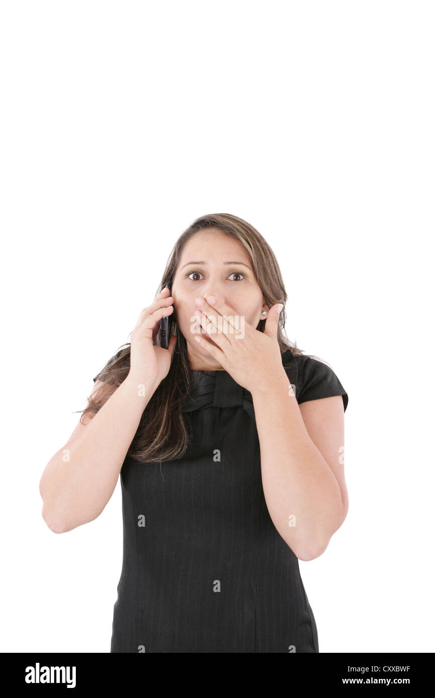 Portrait of woman making a phone call against a white background Stock ...