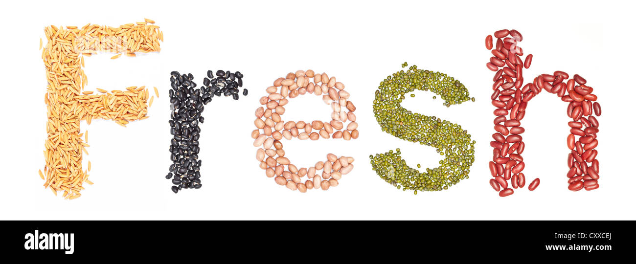 fresh, alphabet dry foods on white background Stock Photo - Alamy