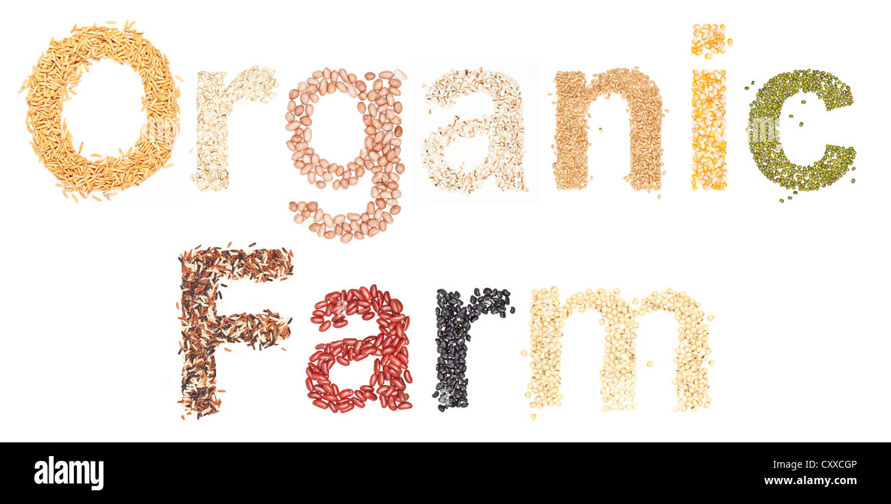 organic farm, alphabet dry foods on white background Stock Photo - Alamy