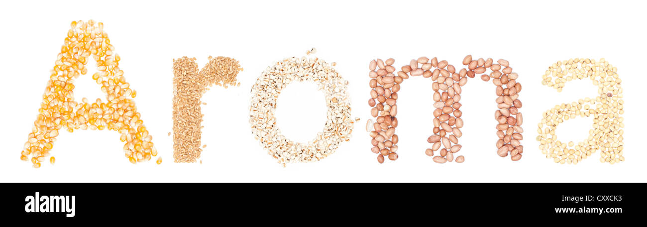 aroma, alphabet dry foods on white background Stock Photo - Alamy