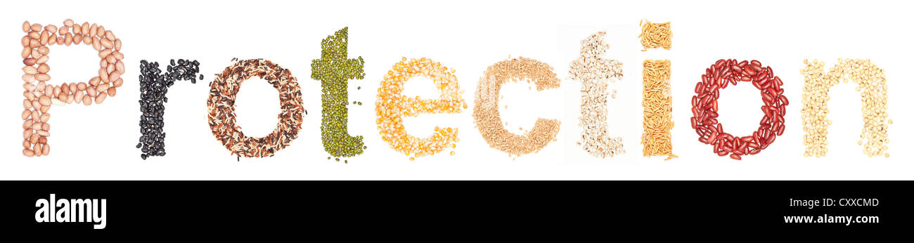 protection, alphabet dry foods on white background Stock Photo - Alamy