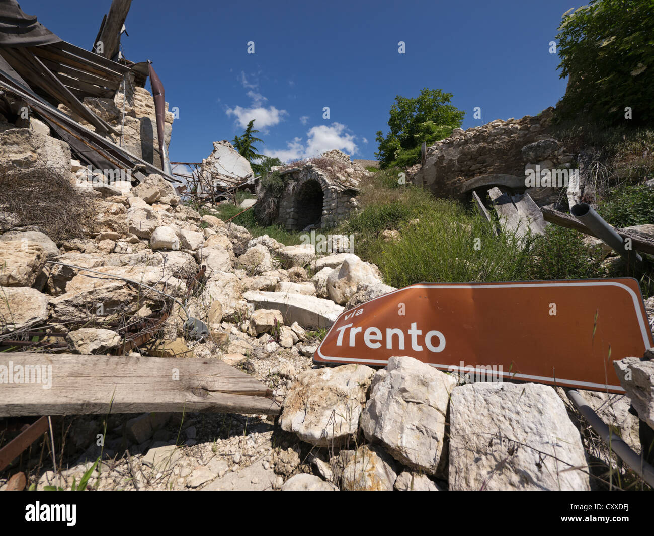 Ruined buildings destroyed by the earthquake on 6th April 2009 in ...
