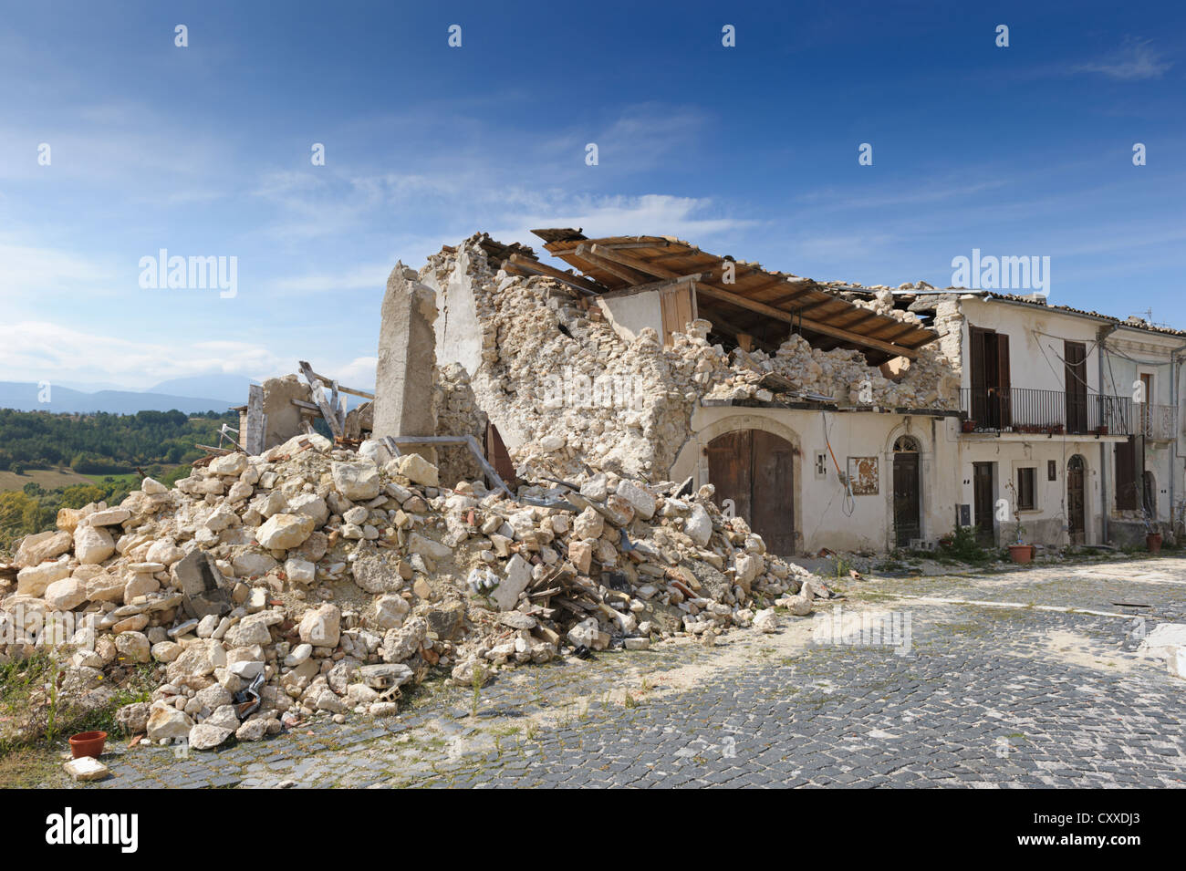 Ruined buildings destroyed by the earthquake on 6th April 2009 in ...