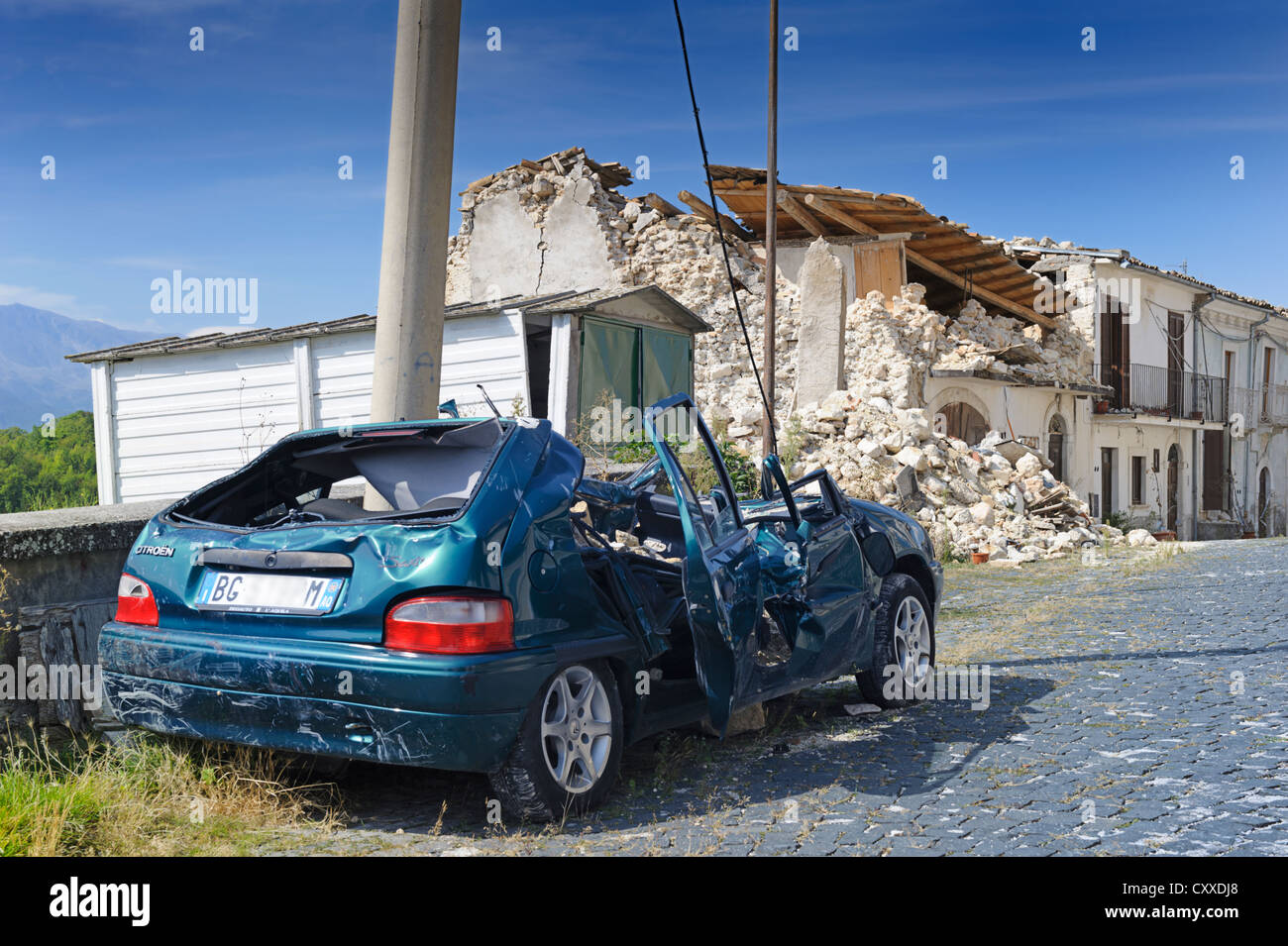 Ruined buildings destroyed by the earthquake on 6th April 2009 in ...