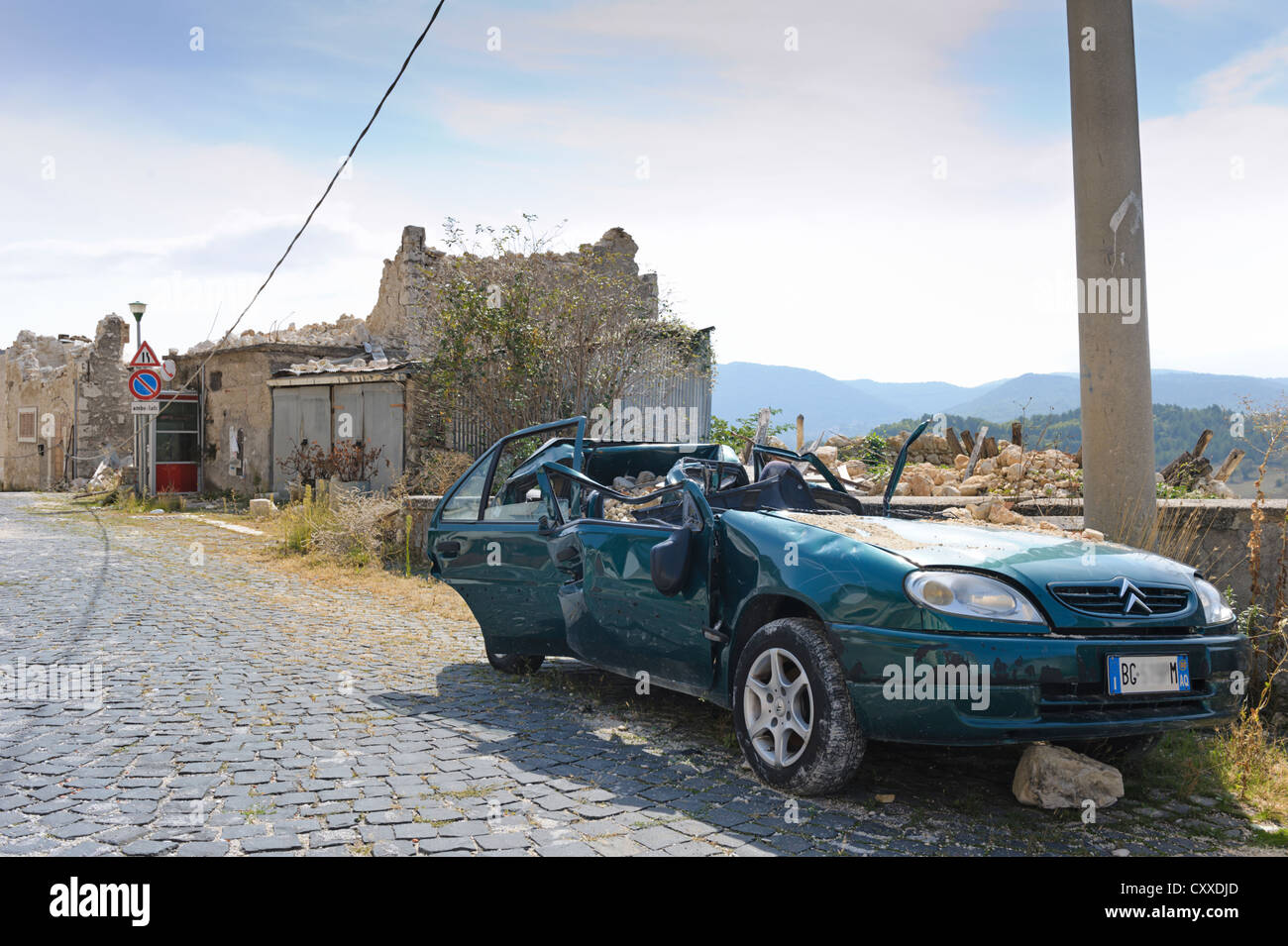 Ruined buildings destroyed by the earthquake on 6th April 2009 in ...