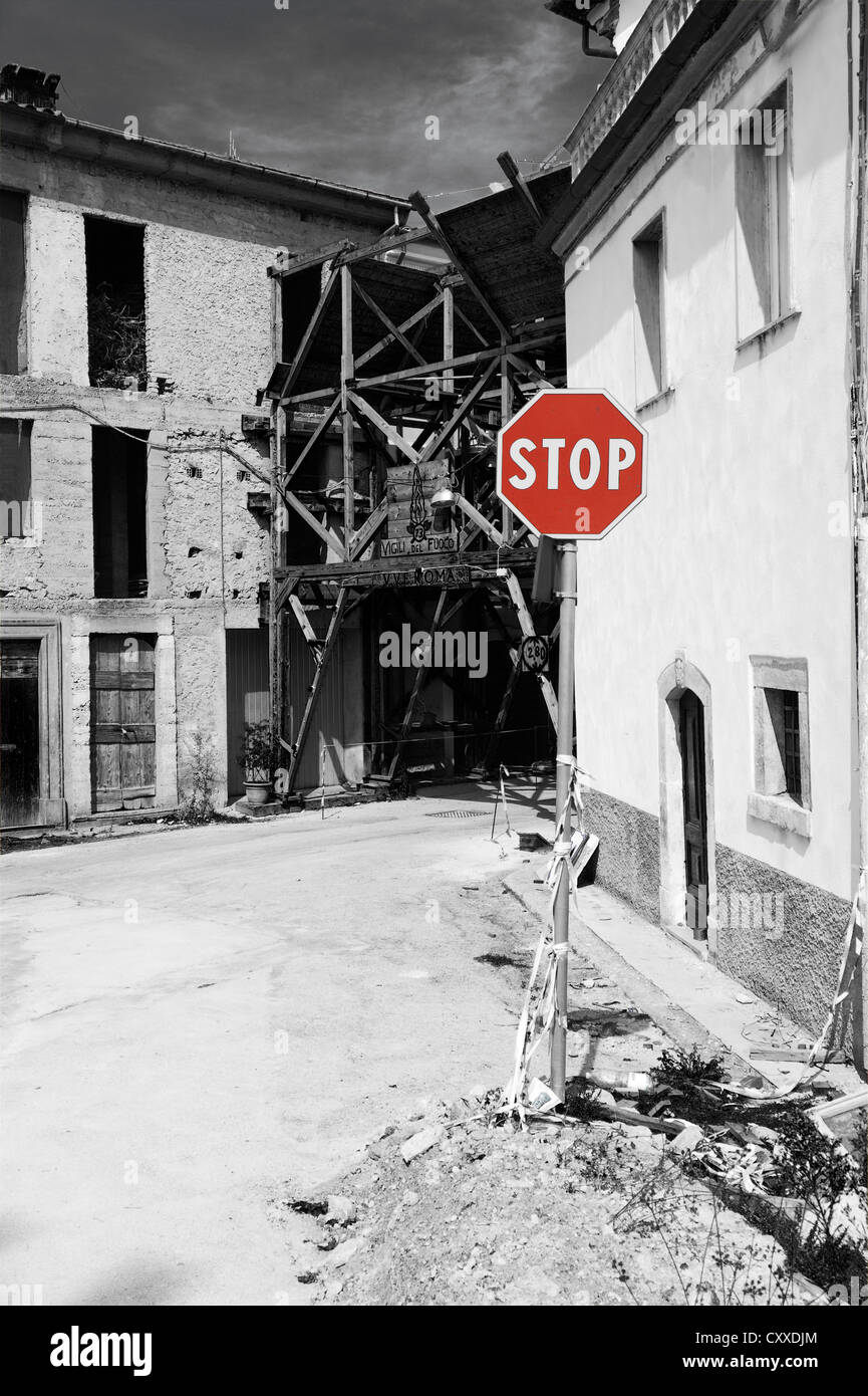 Ruined buildings destroyed by the earthquake on 6th April 2009 in ...