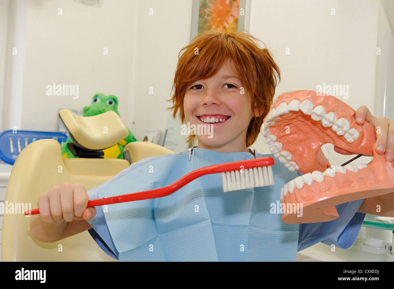 Boy at the dentist's, receiving instructions for dental care on a model ...