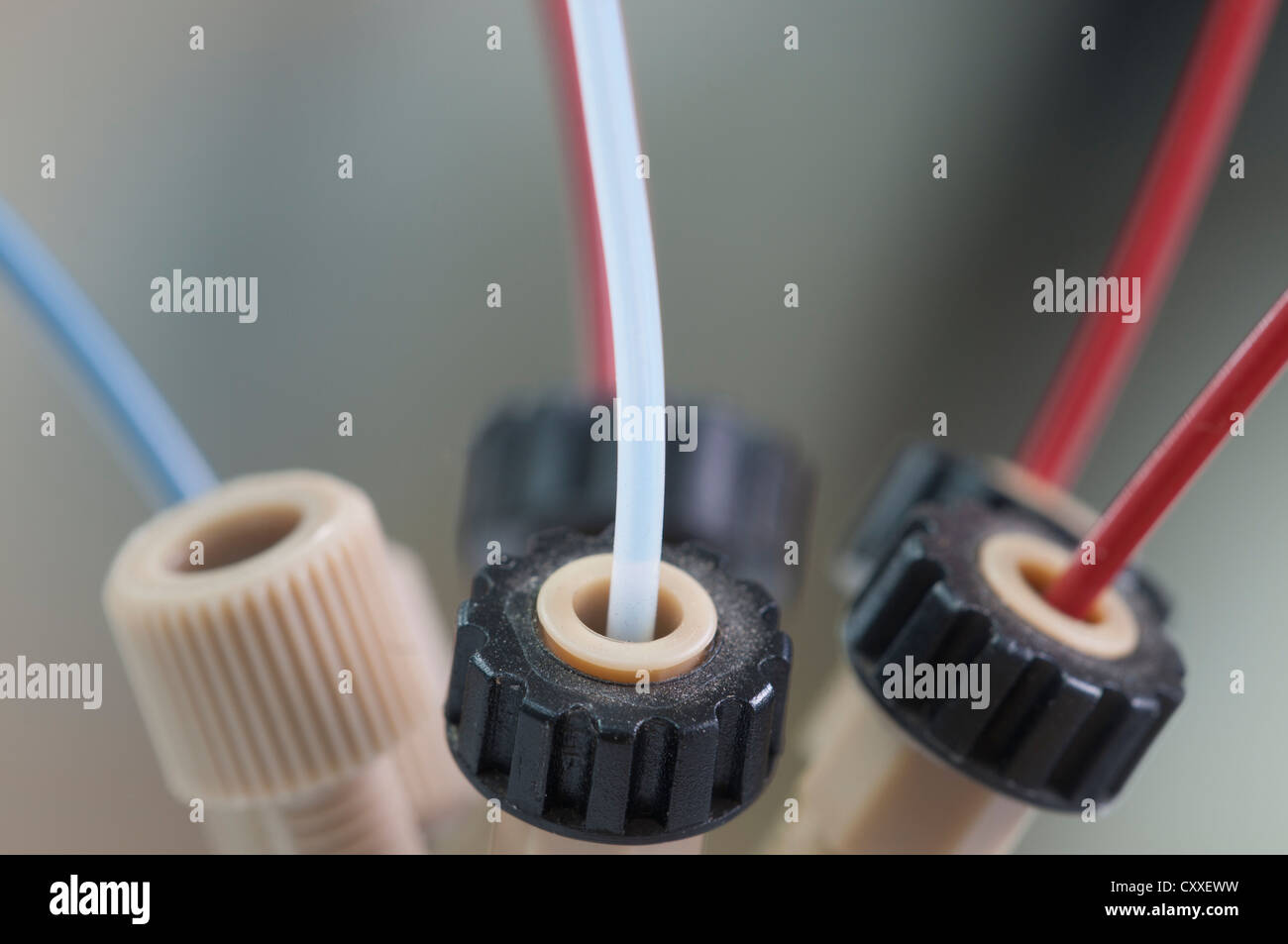 Tube lines for liquid in laboratory equipment, macro, local focus Stock ...