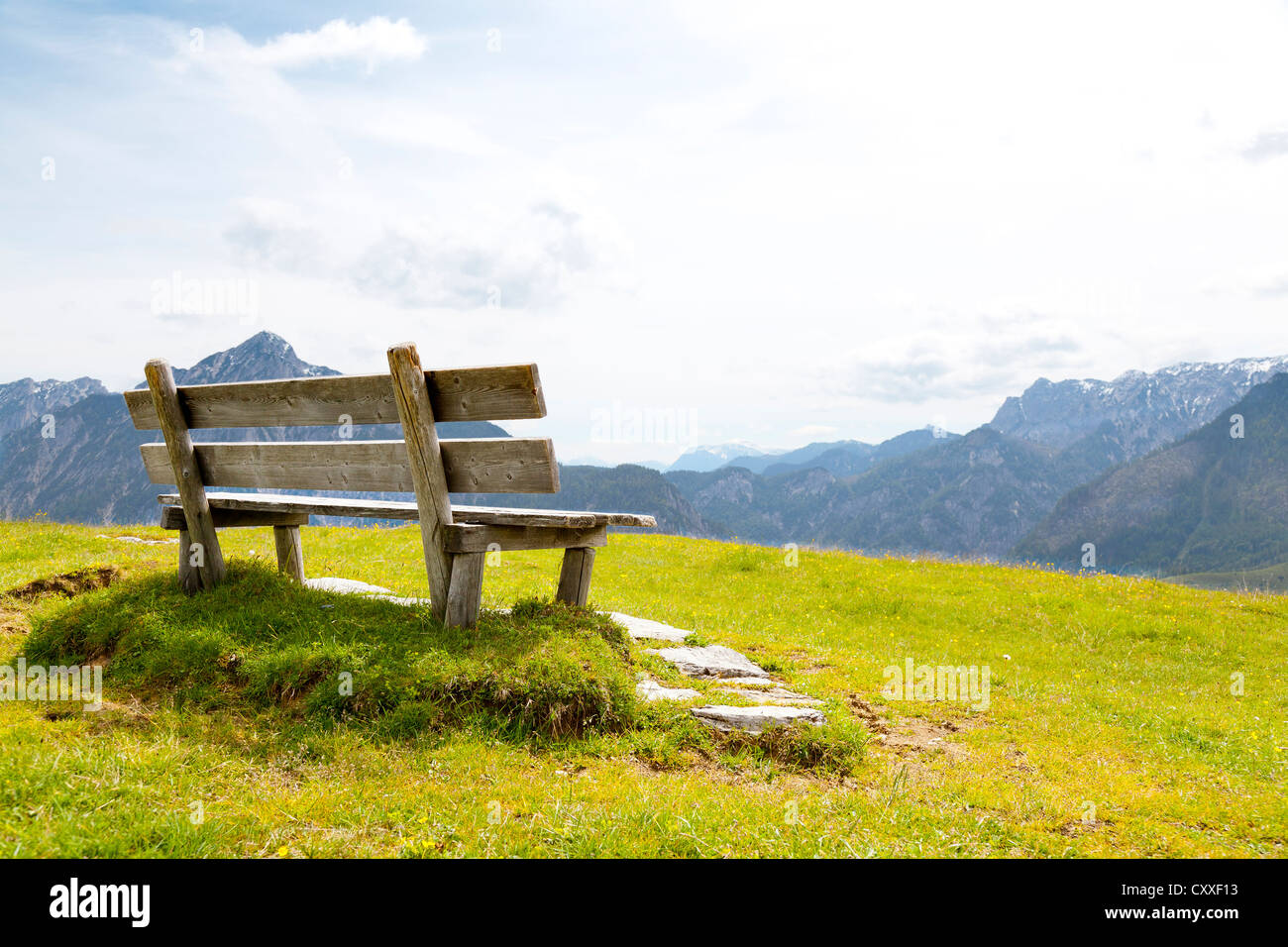 Bench on a lookout in front of the Alps, Salzkammergut, Austria, Europe ...