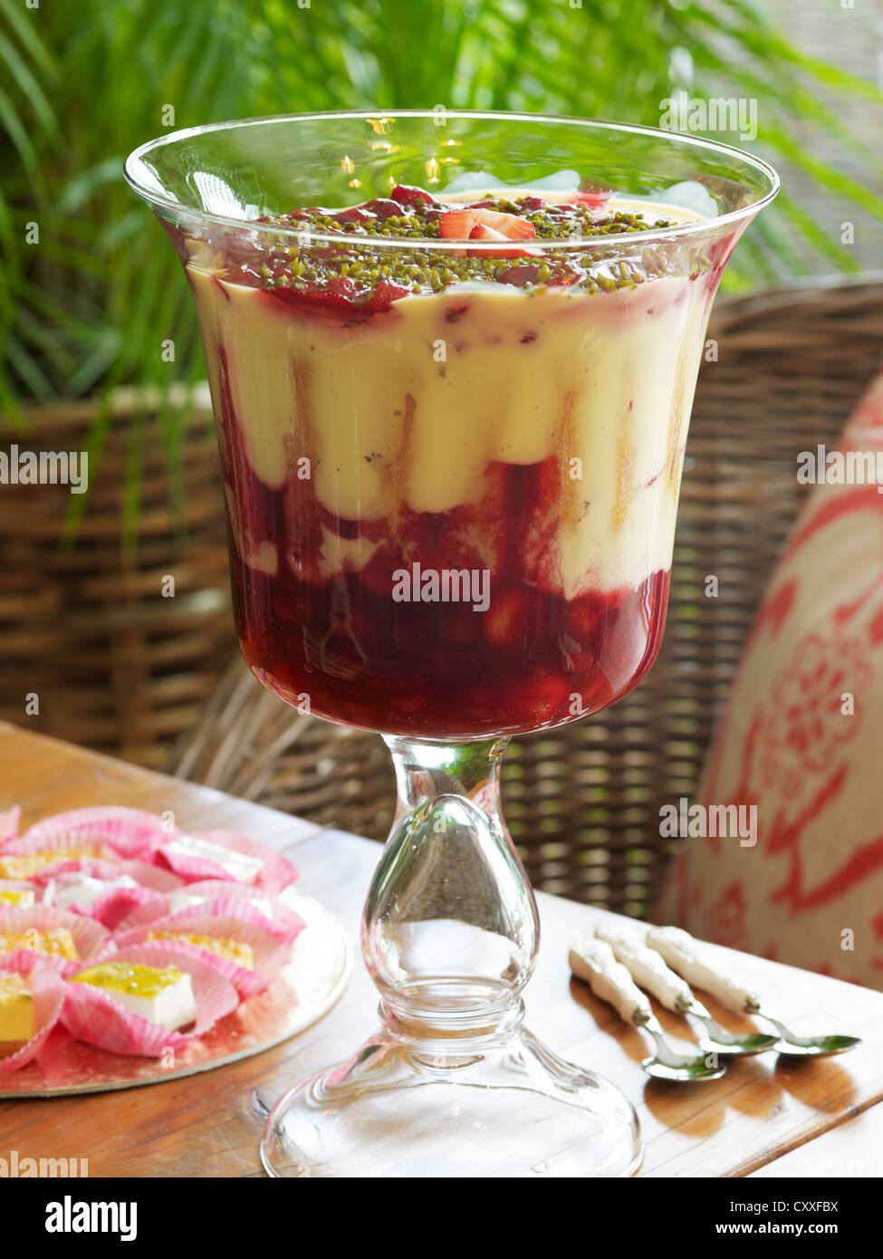 Strawberry pudding, trifle, in a large glass cup, elegant setting Stock ...