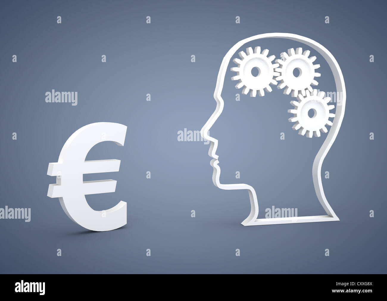 Head with gears and an euro symbol, symbolic image for clever ...