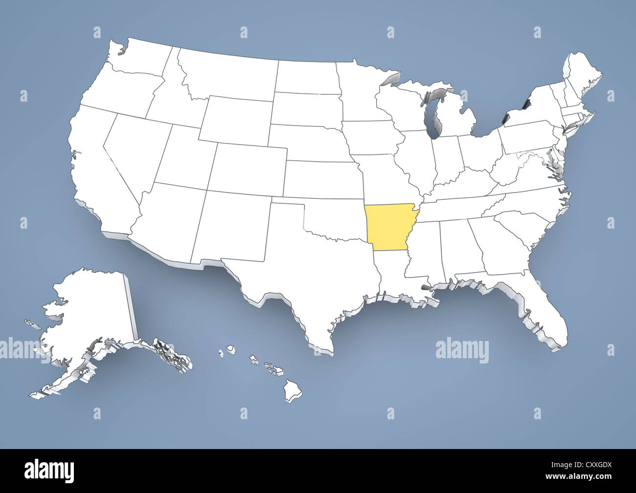 Arkansas, AR, highlighted on a contour map of USA, United States of ...