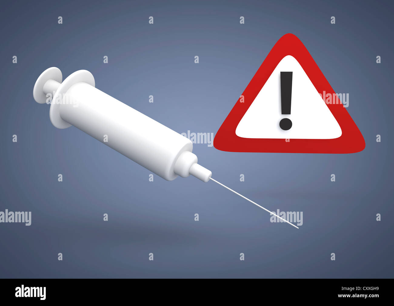 Syringe with a warning sign, medication, symbolic image for healthcare ...