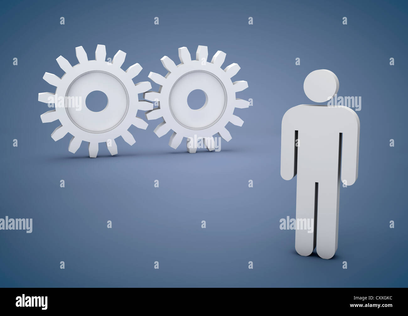 Man and cog wheels, symbolic image for workplace, employee, 3D ...