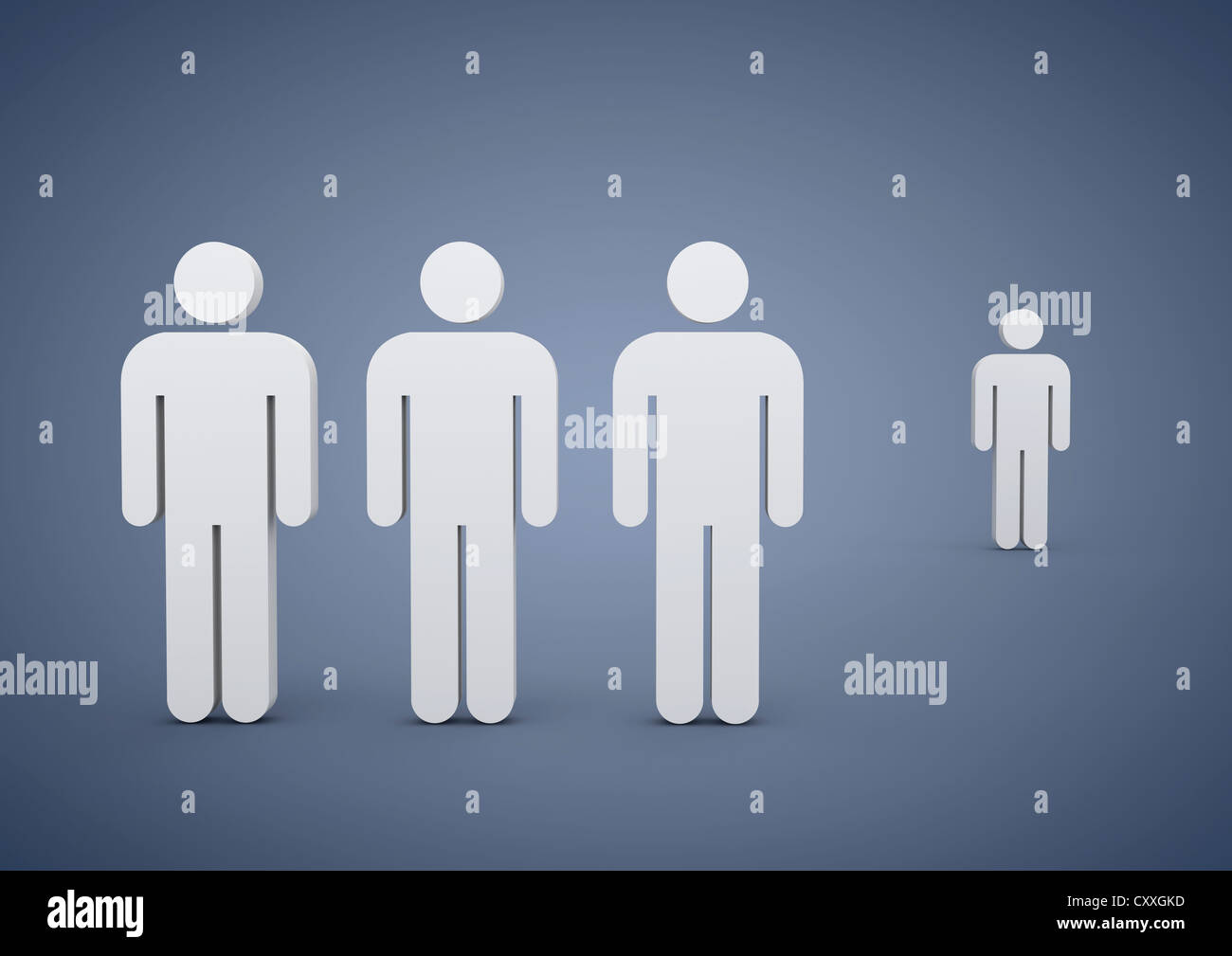 A group of men, one man standing apart, symbolic image for bullying ...