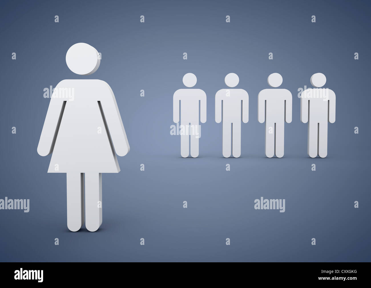 A group of men, woman standing apart, symbolic image for women's quota ...