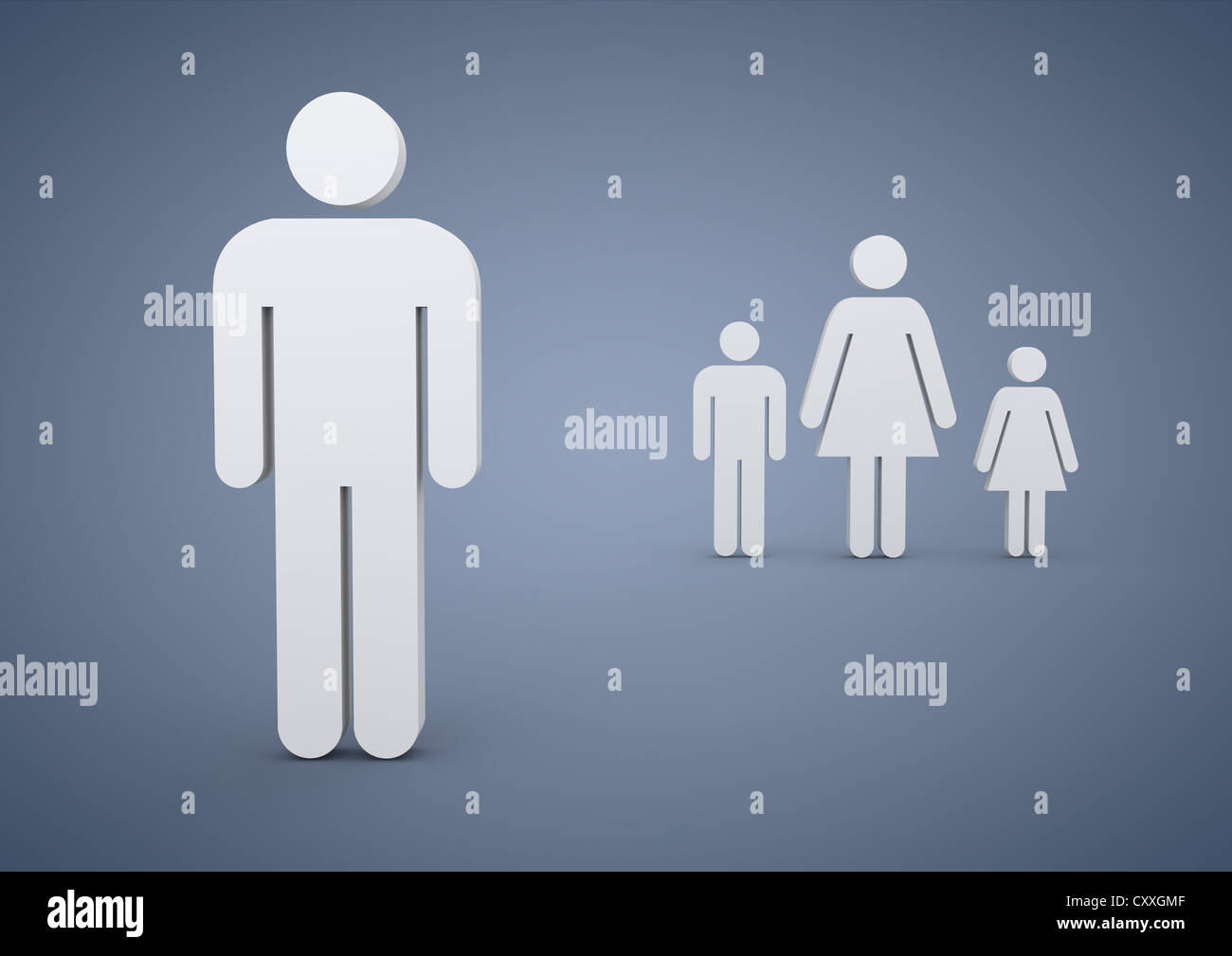 Woman with two children, man standing apart, symbolic image for single ...