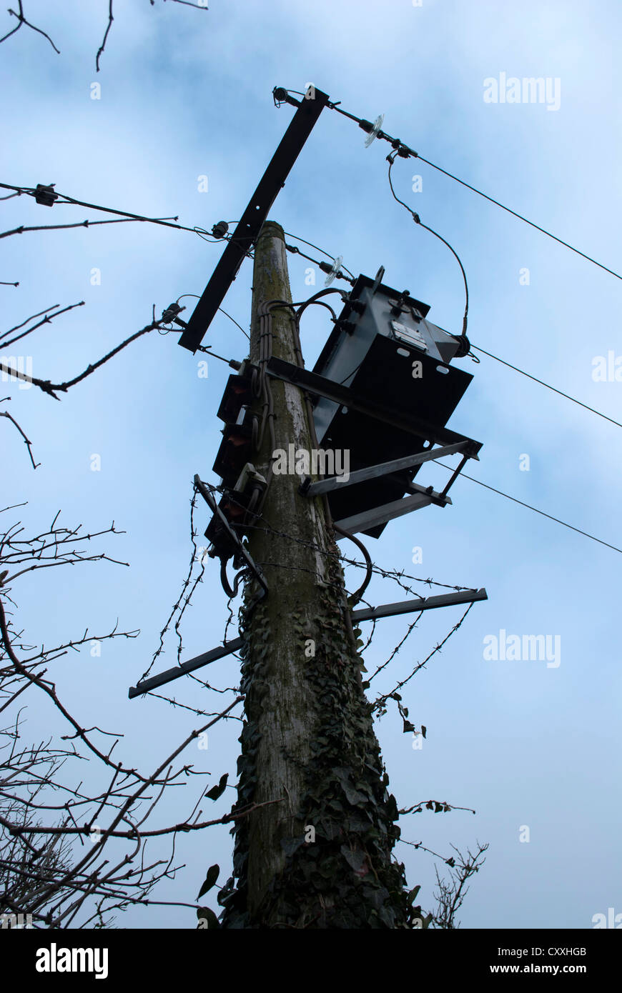 Looking up at the top of an telegraph poll with electricity wires and a ...