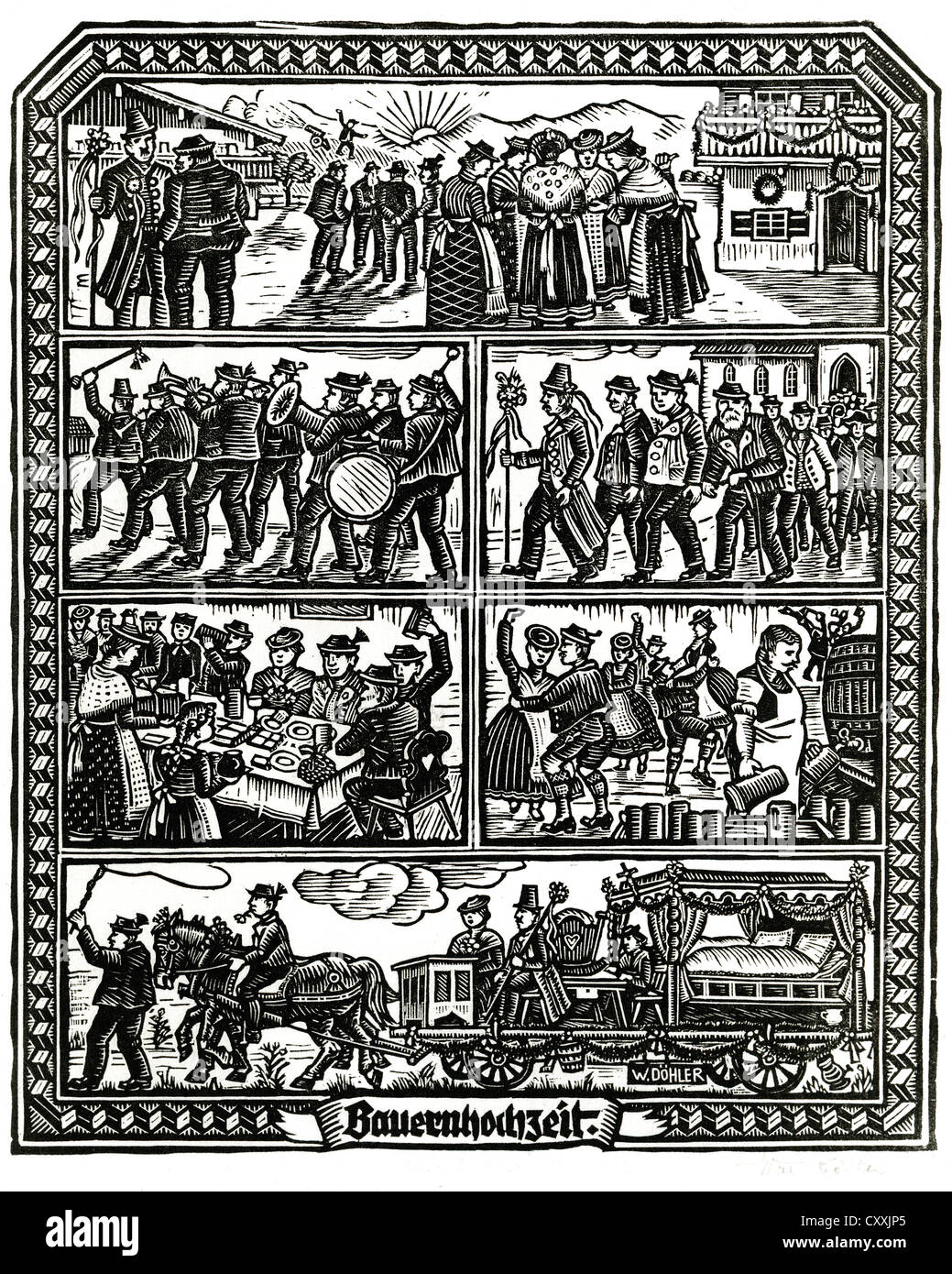 Farmer's wedding in Upper Bavaria, wood carving by Willi Doehler, c ...