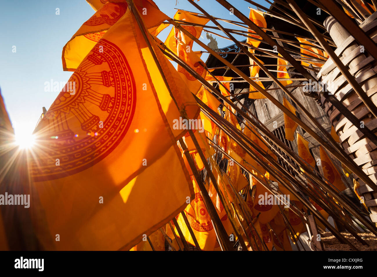 Yellow flags, Wat Pan or Wat Phan Tao temple, Chiang Mai, Northern ...