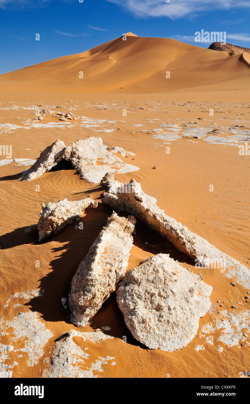 Surface of a salt and clay pan and sand dunes at Erg Mehedjibat ...